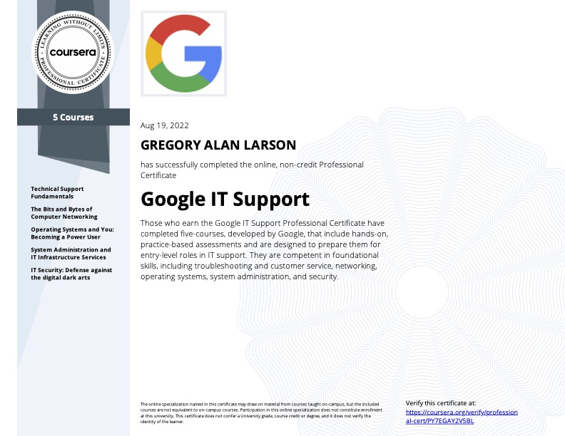 Google IT Support Professional Certificate Gregory Larson
